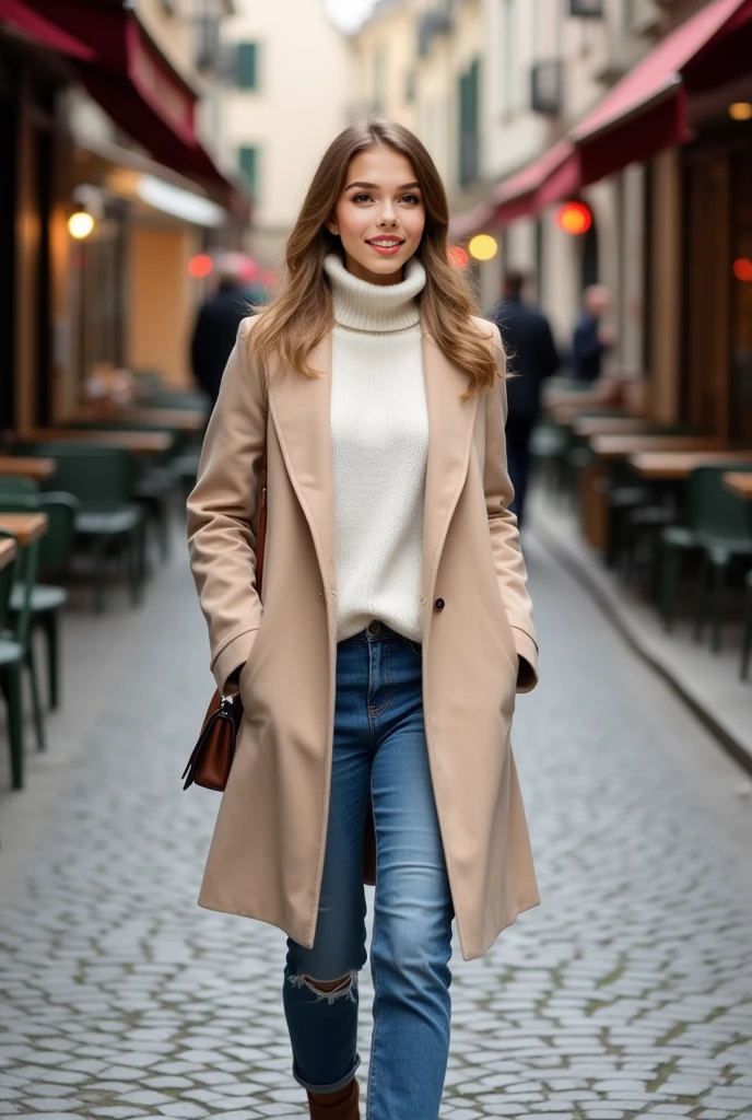 Clothes: light beige coat, white turtleneck , Blue jeans, ankle boots ...