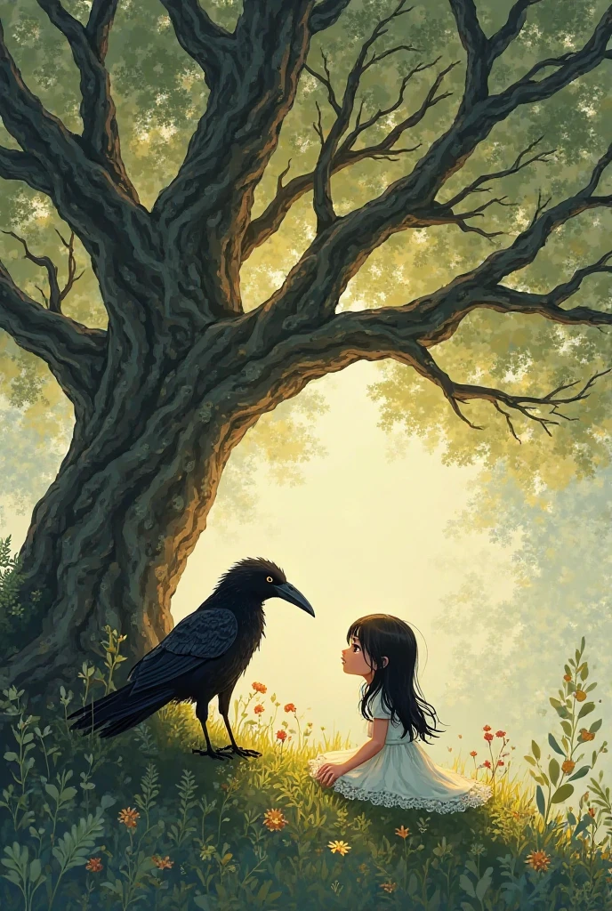 Illustration: Lila sitting under a tree, with a wise crow talking to ...