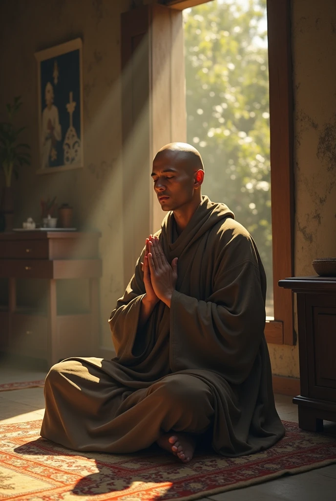 A monk praying inside his house - SeaArt AI