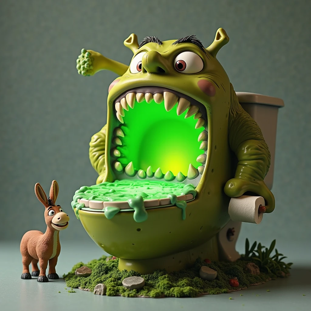 A 3D cartoon-style toilet shaped like the head of a green ogre - SeaArt AI