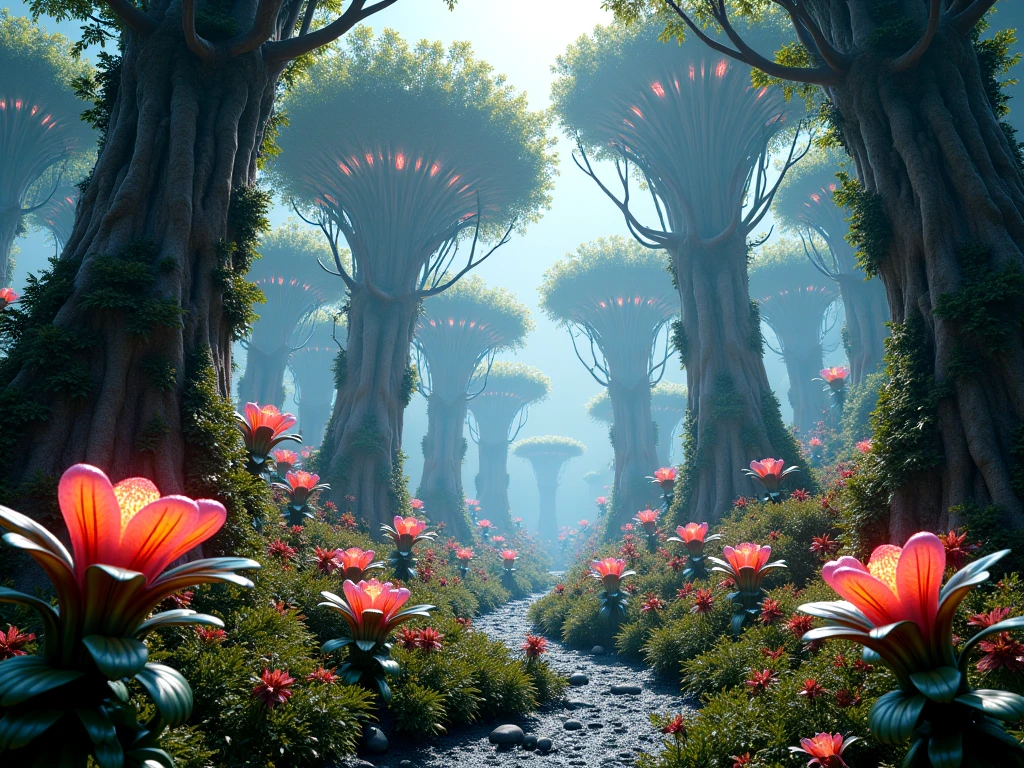 Alien forest landscape with alien flowers, alien plants, realistic ...