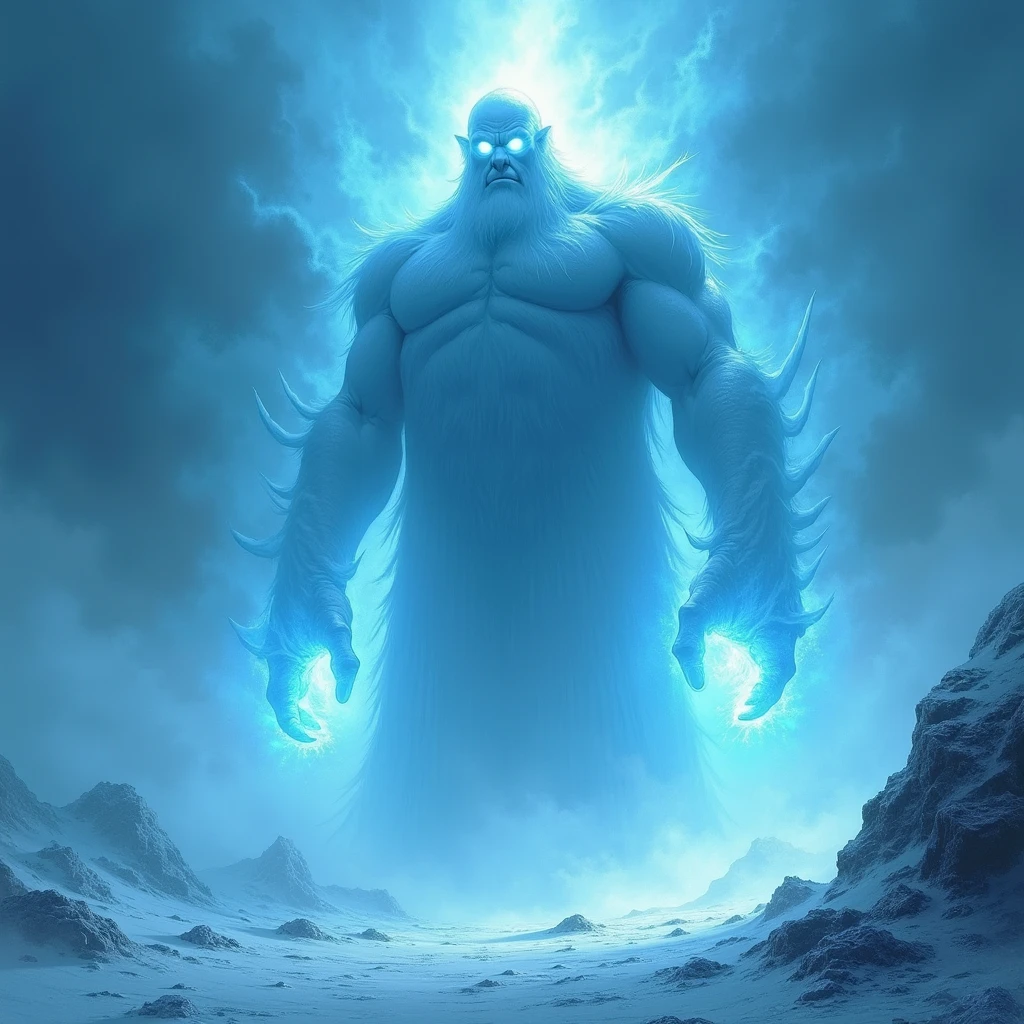 Giant frost haze, amidst a thick, his eyes shine with blue fire - SeaArt AI