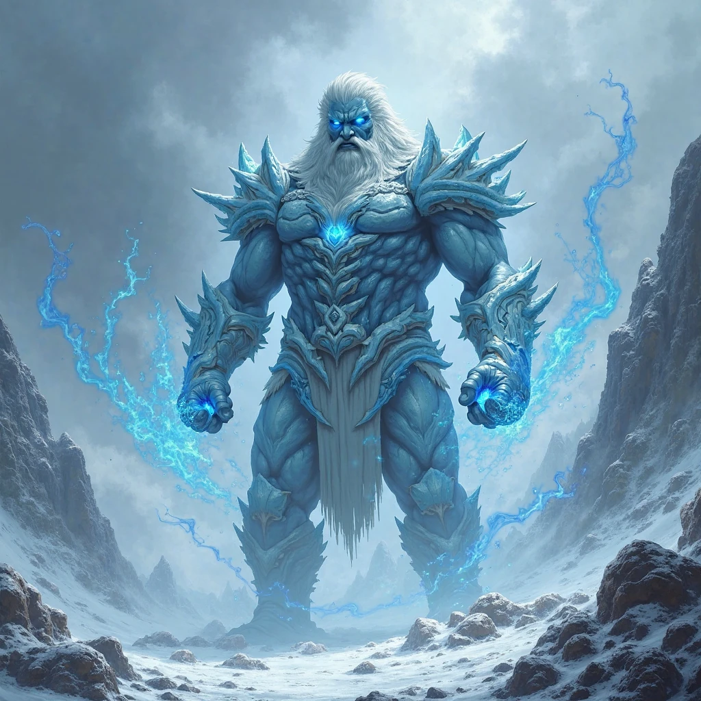 Frost Giant, in a thick mist, his eyes glowing with blue fire - SeaArt AI
