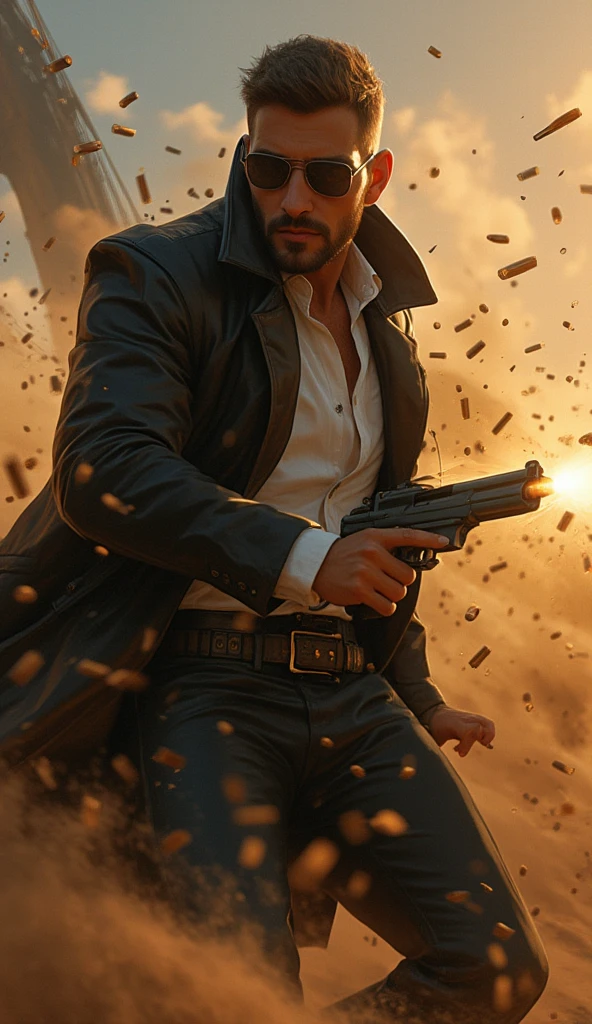 A man in a coat and sunglasses dodges bullets by bending his body ...