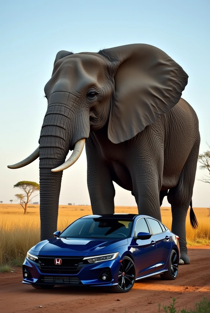 A sleek, modern Honda Civic stands beside a majestic, colossal elephant ...