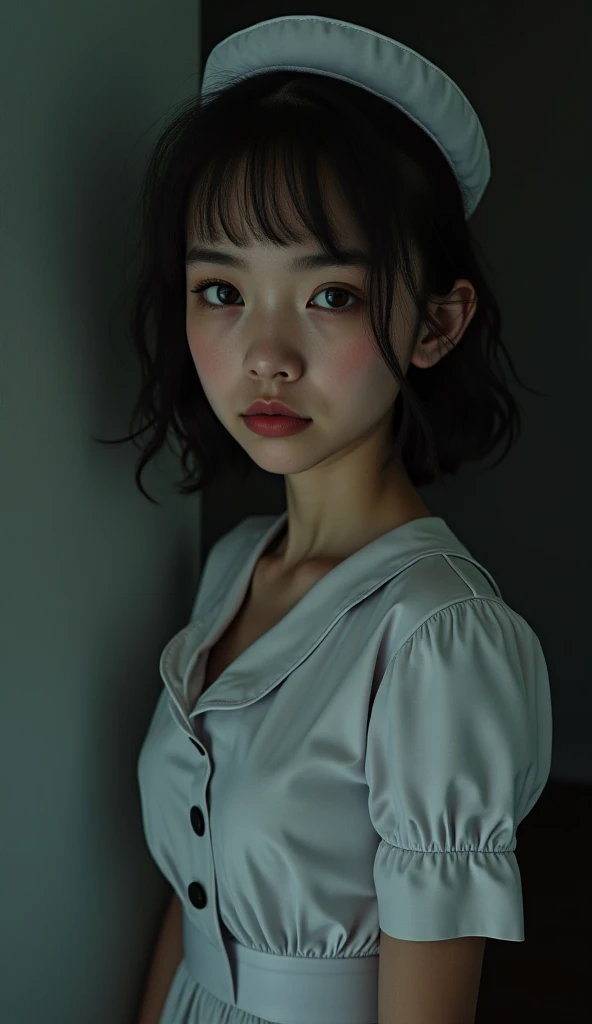 Creates an ultra realistic image of a sad 20-year-old woman in nanny ...