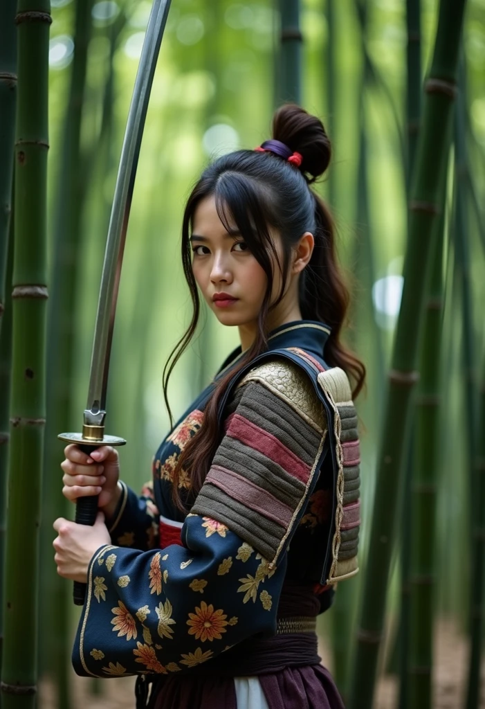 Raw photography of a samurai woman, standing in a combat stance - SeaArt AI