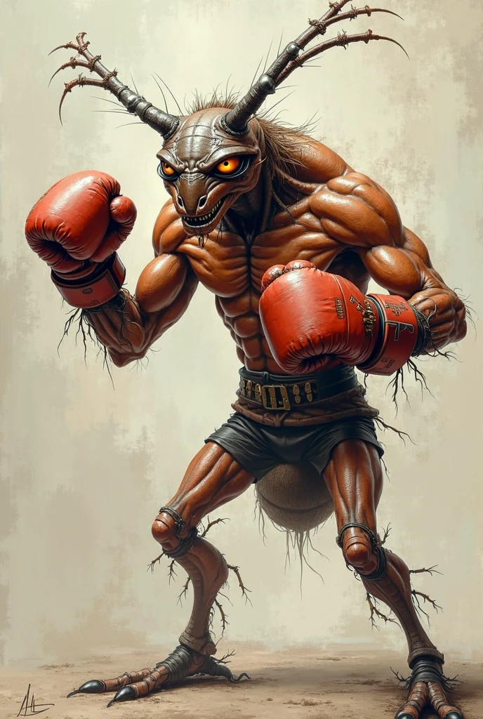 DRAWING OF AN ANT LOOKING LIKE A PORTIVA WITH MUSCLES THAT IS A BOXER ...