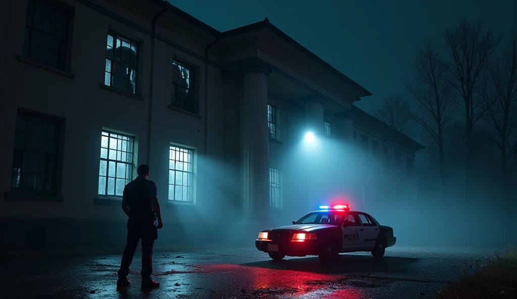 "Hyperrealistic and terrifying 4K scene of a police patrol car parked ...