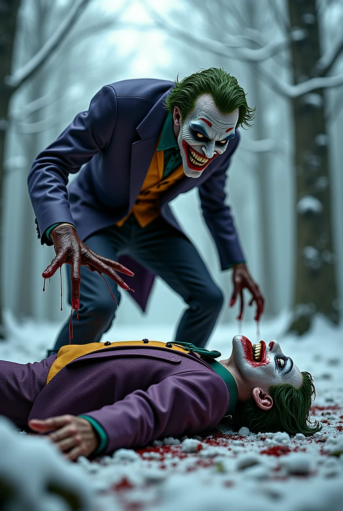 A zombie stands angrily in a scary snowy forest and holds an injured ...