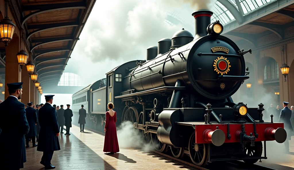 A grand Victorian train station with an enormous steam-powered ...