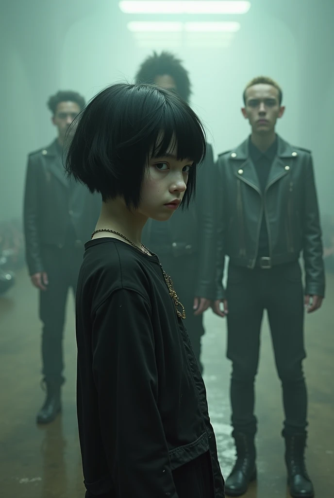 You have a white-skinned girl with short, shoulder-length black hair ...