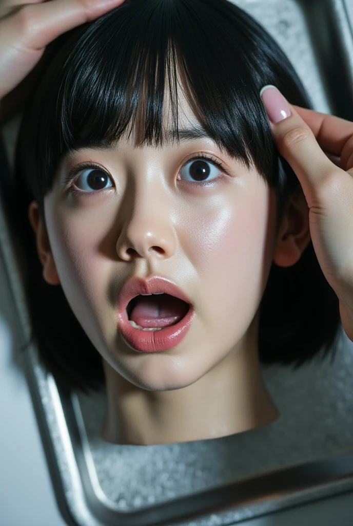 A beautiful young japan woman's disembodied head is lying on a silver ...