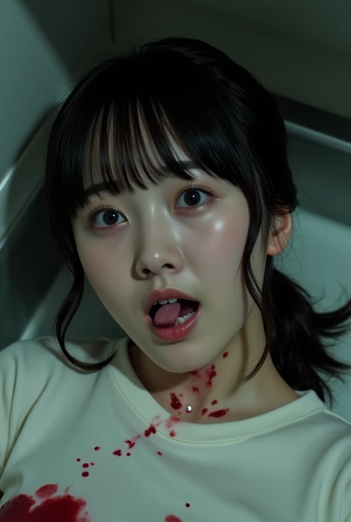 A beautiful young japan woman's disembodied head is lying on a silver ...