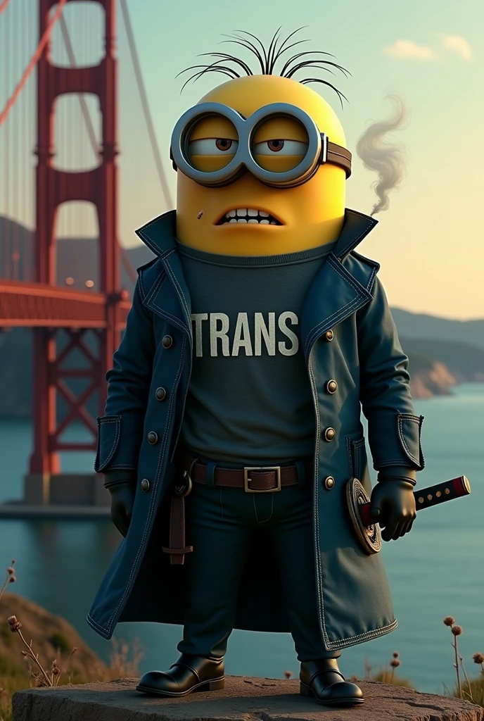 A tall muscular/buff minion from despicable me, with a shirt that says ...