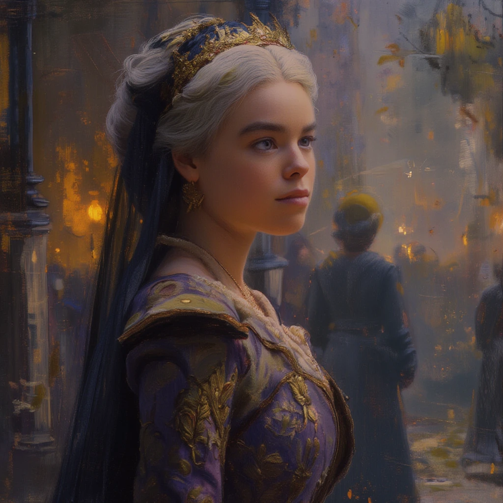 A medieval-style oil painting of a princess standing with beautiful ...