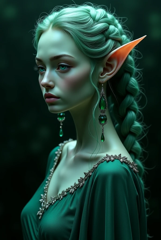 An enigmatic and ethereal light-green elf stands gracefully in the ...