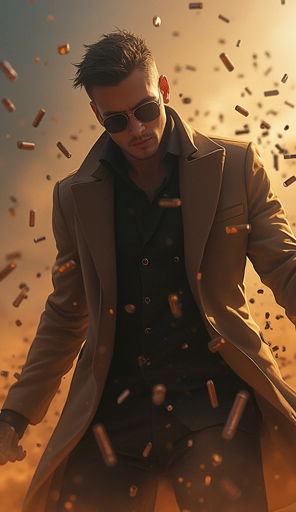 A man in a coat and sunglasses dodges bullets by bending his body ...