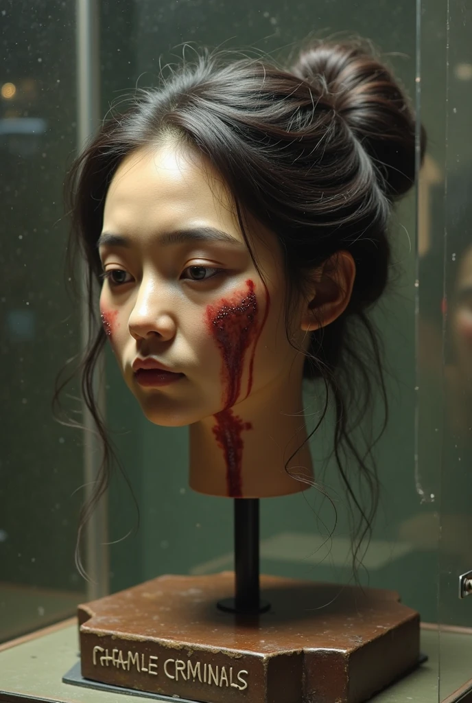 The head of a beautiful Indonesian woman without a neck shows a little ...