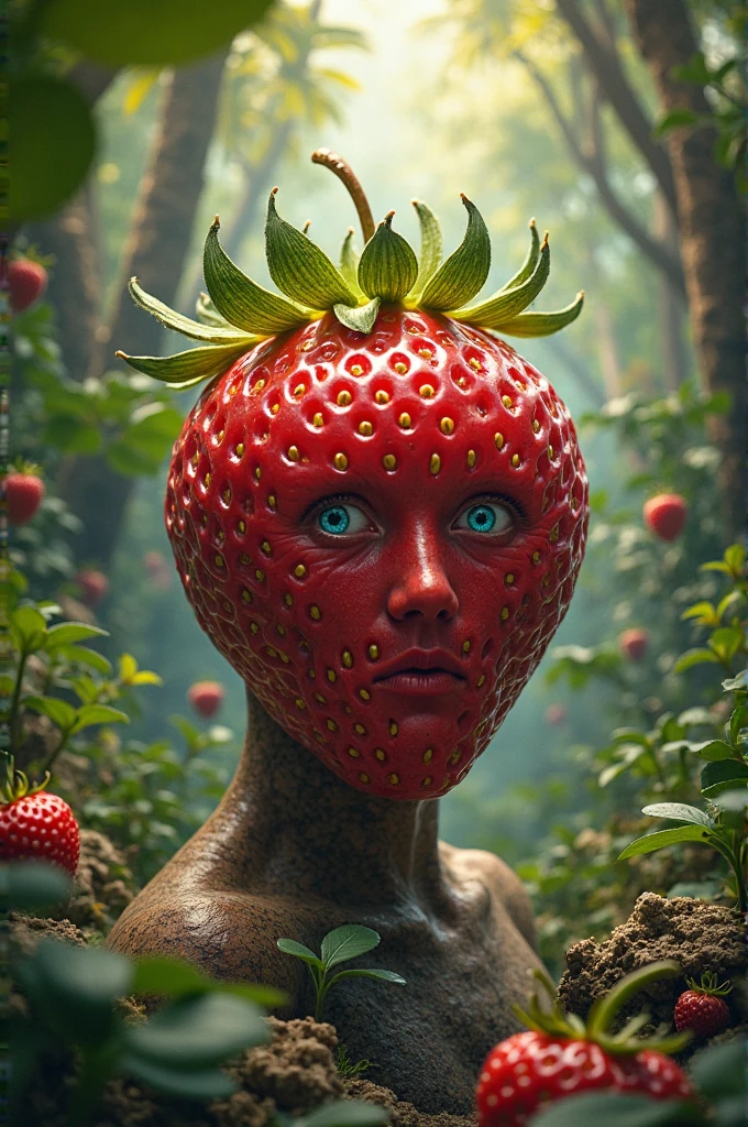 Strawberry with a human head in the jungle - SeaArt AI