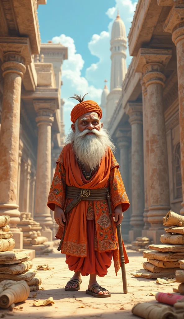 A An elderly Indian guru, with a long white beard, dressed in ...