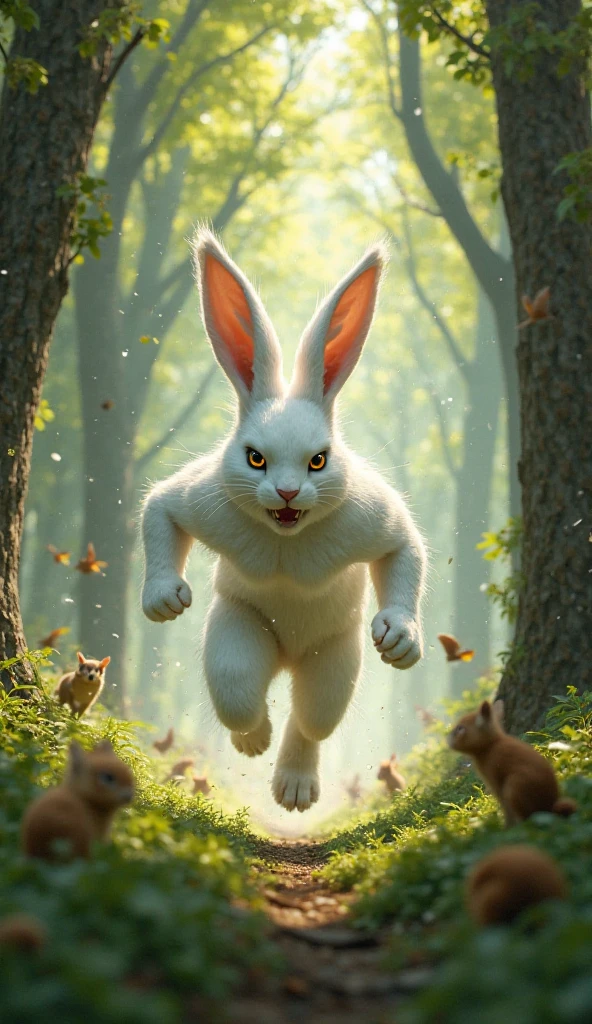 A strong male white rabbit running from between the two trees - SeaArt AI
