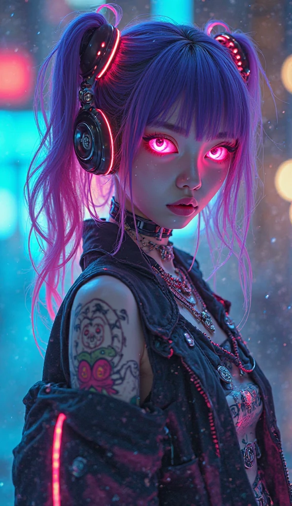 Akari is a digital artist with neon gradient hair and glowing eyes ...