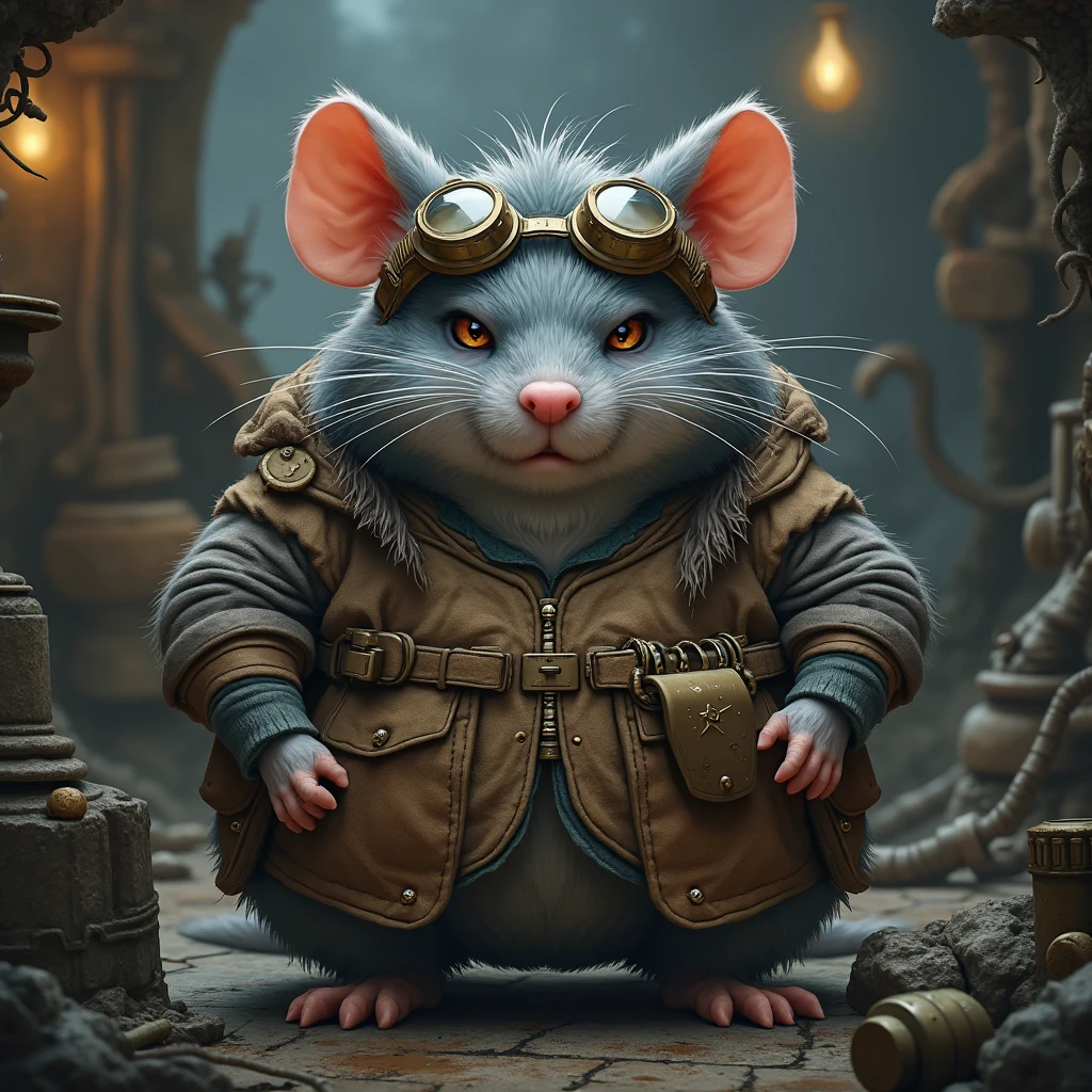 Chubby mouse inventor , grey fur ,disgruntled and serious person ...