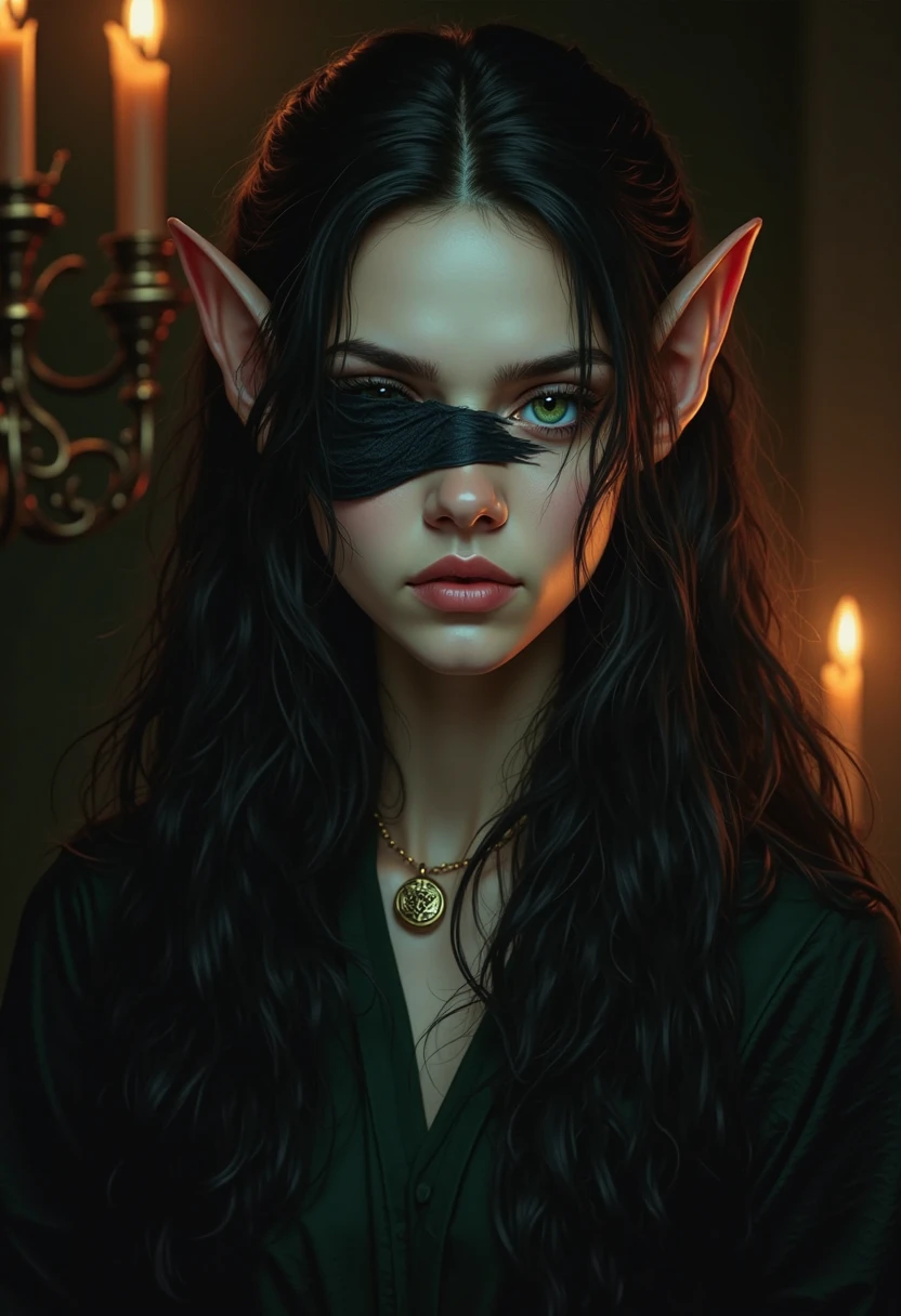 A pale-skinned elf woman with a sharp, striking face. High cheekbones ...