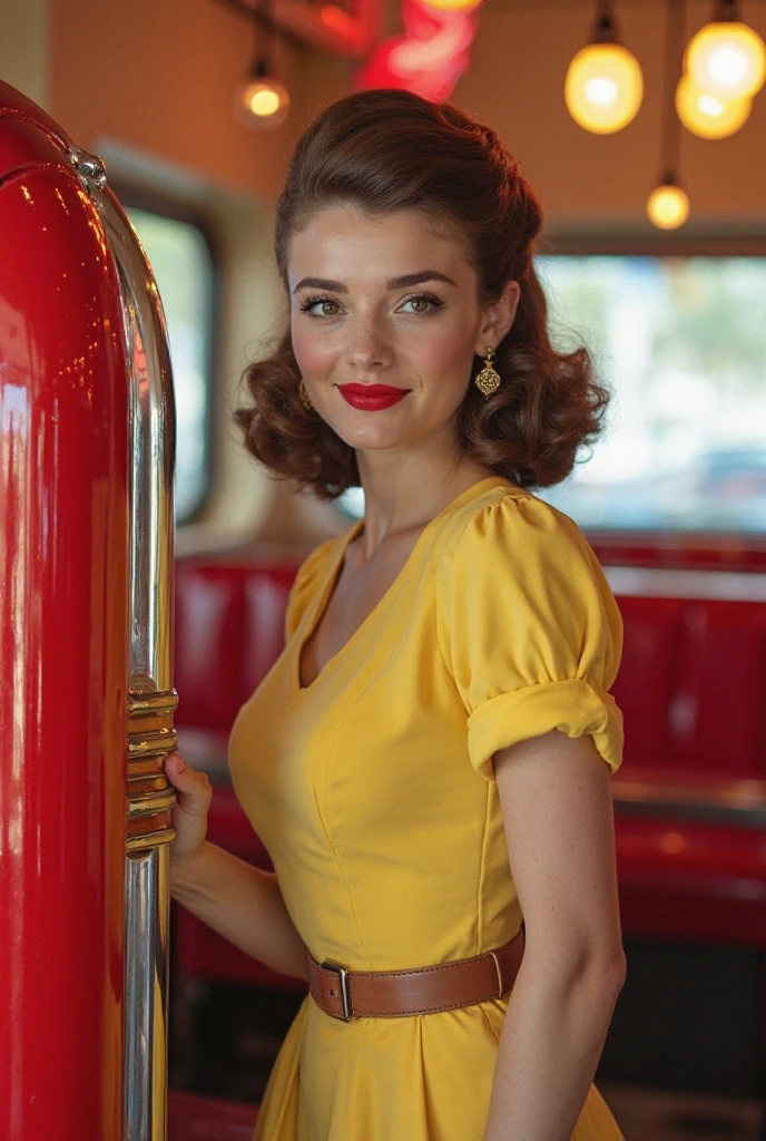 A woman in a 1950s vintage-inspired look, wearing a yellow dress ...