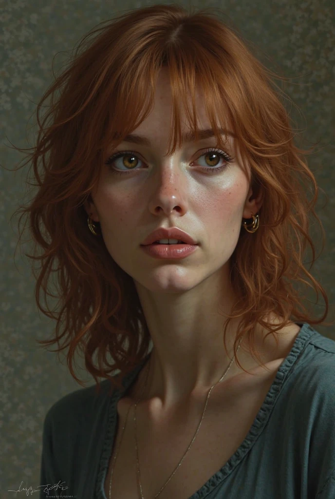 A woman complicity medium copper brown hair,dark eyes with a look at ...