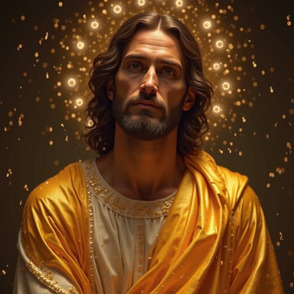 (Real human),(Handsome Jesus Christ),(wearing color gold elegant ...