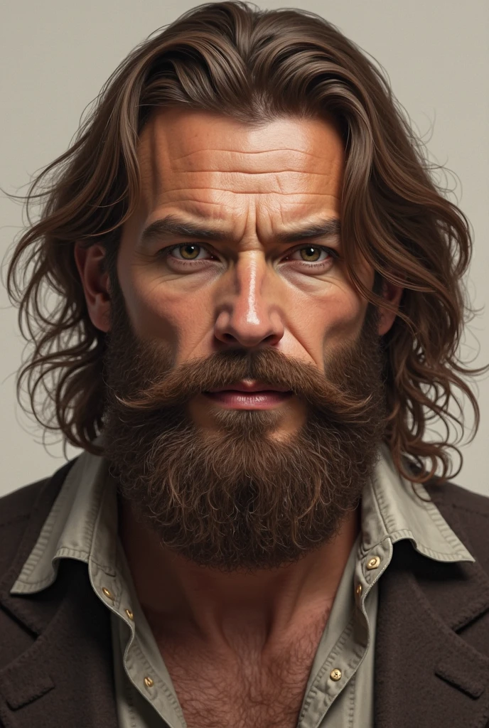 Create a handsome man with long wavy brown hair. Few expression marks ...