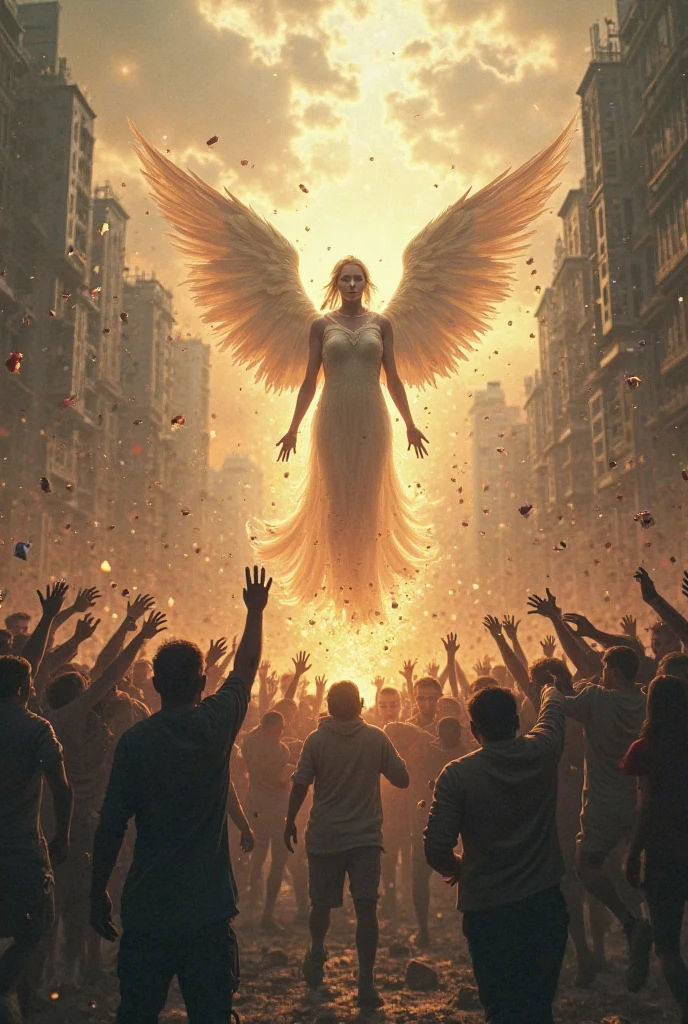 Create an image of humanity in chaos and despair, an Angel from Heaven ...