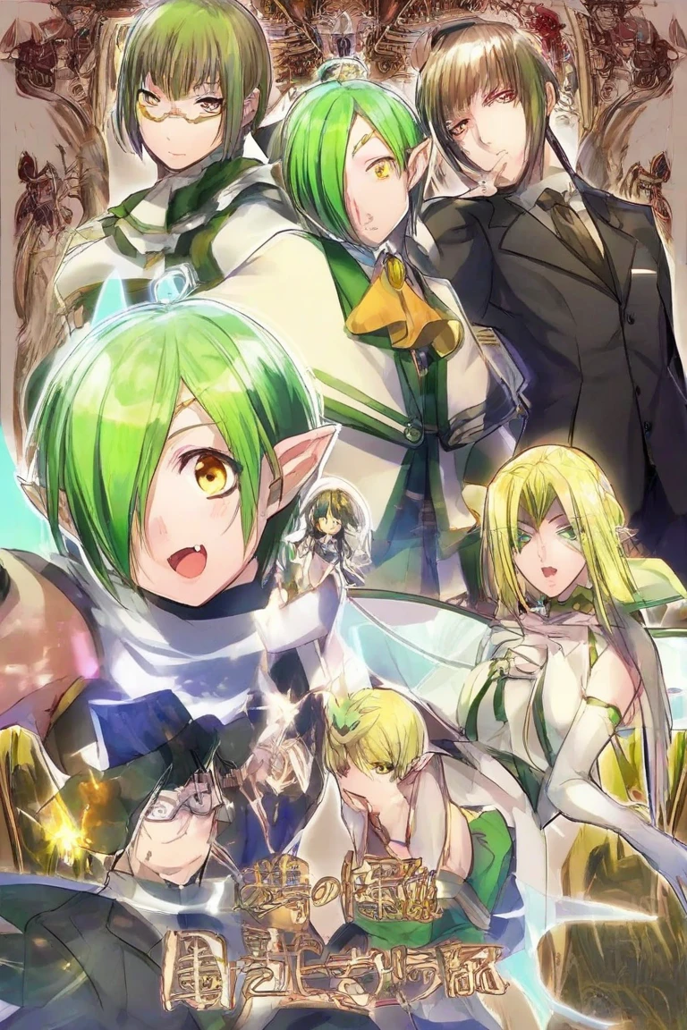 Elf dressed in a black suit with short green hair,small fangs and dark ...