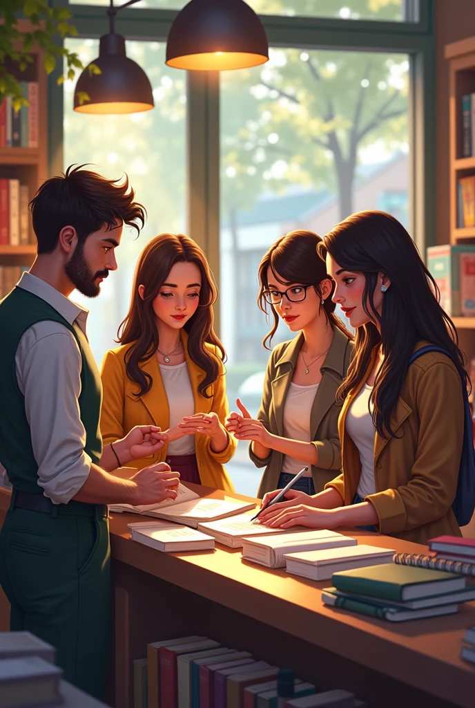 3 young women in a bookstore asking for the prices of books and pens ...