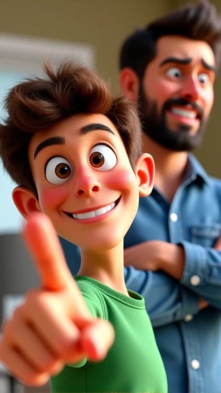 "Pixar-style 3D scene: a lively boy with curly brown hair and green ...