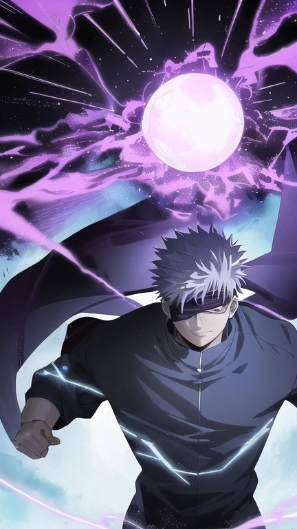 A powerful anime scene featuring Gojo Satoru standing with a confident ...