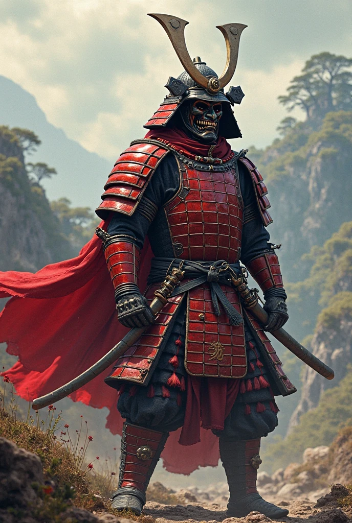 A fearless samurai, clad in crimson armor, his face concealed behind a ...