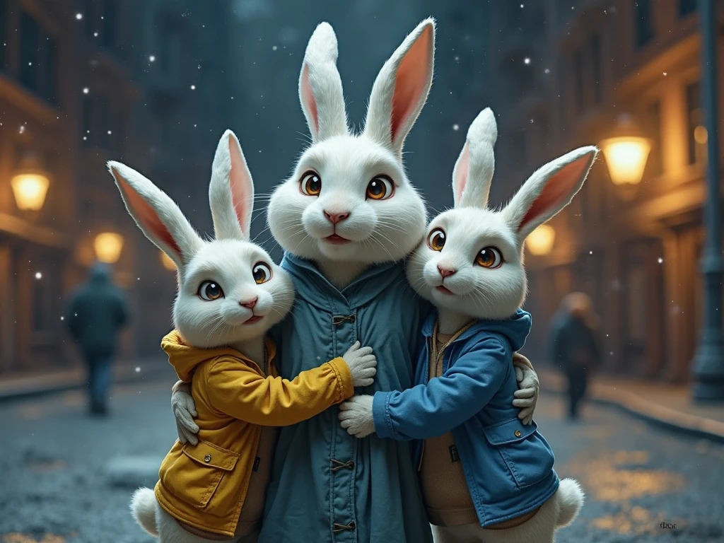 "Three anthropomorphic rabbits standing on a city street at night ...