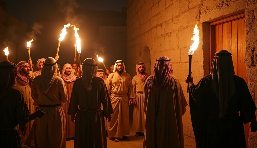 A group of angry Middle Eastern men in ragged robes stand outside a ...