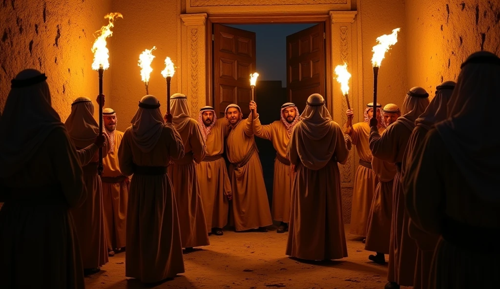 A group of angry Middle Eastern men in ragged robes stand outside a ...