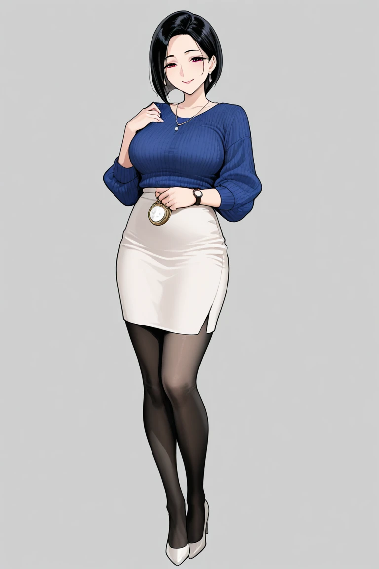 Bold black haired mature woman office lady with short bob light blue ...