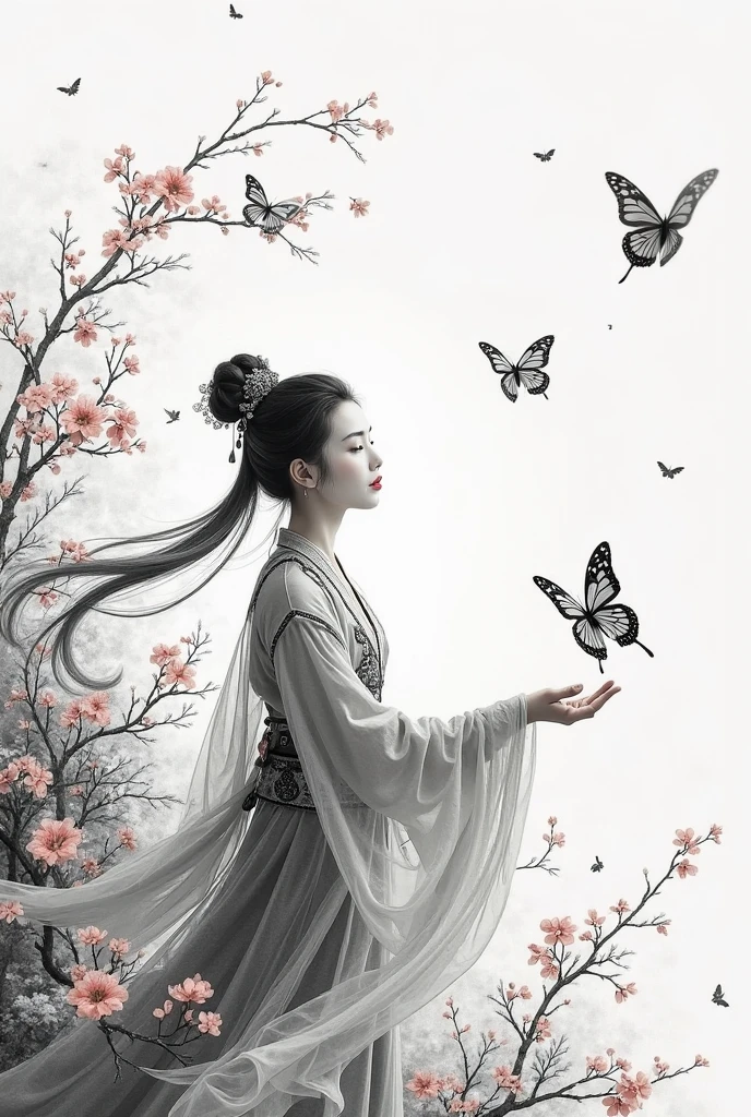 A beautiful Chinese woman wearing ancient Hanfu, chasing butterflies in ...
