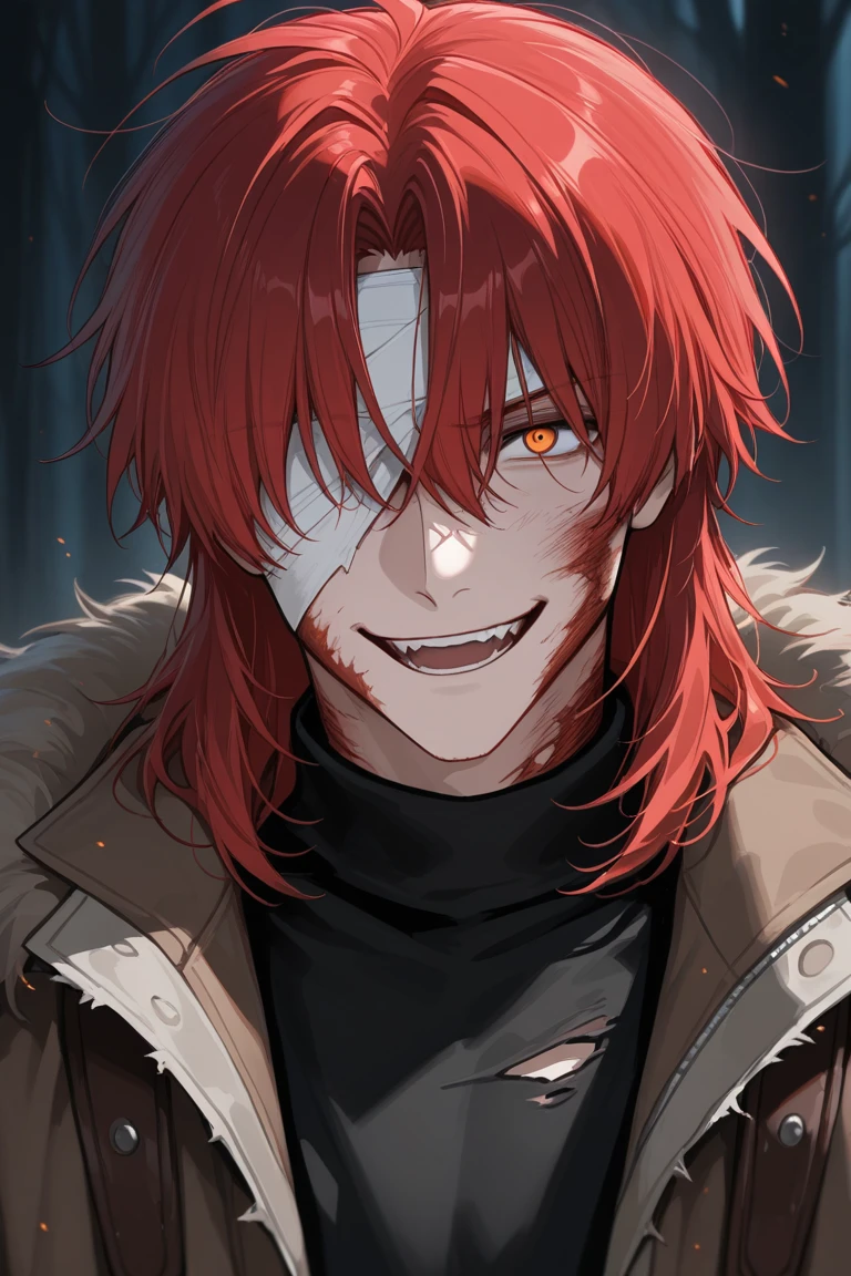 Red-haired man with the left part of his face completely burned and the ...
