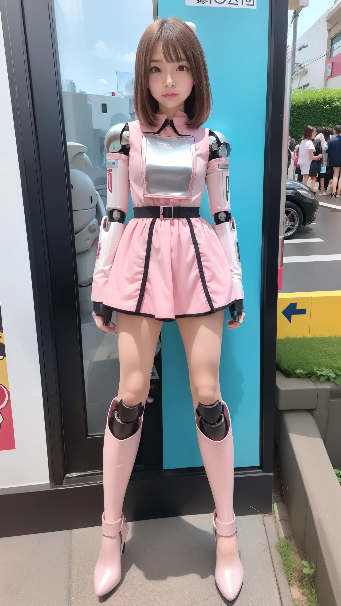 A woman in a pink dress and knee pads standing in front of a blue door ...