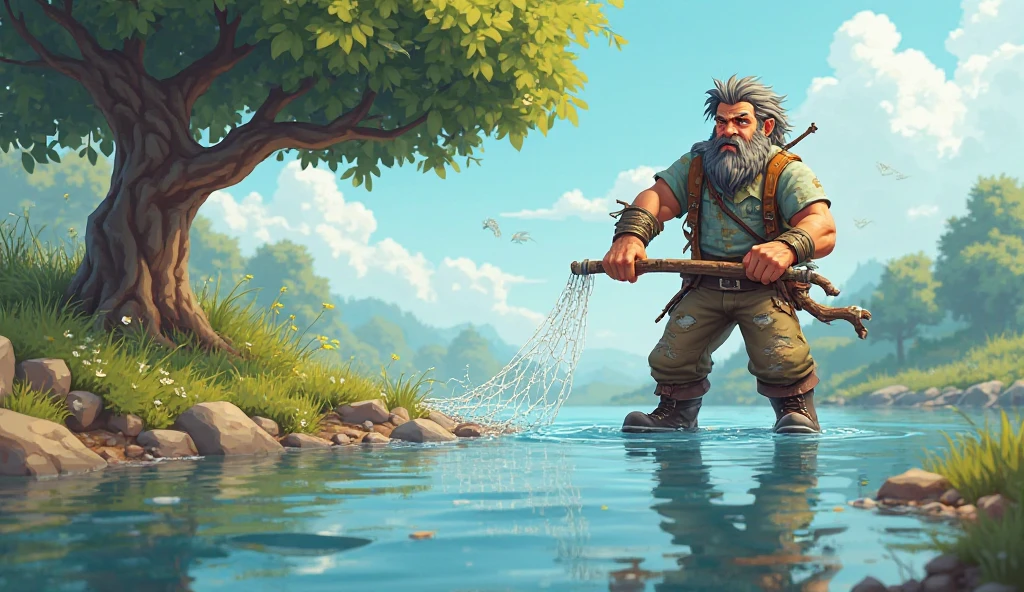 The hunter cast his net under a tree on the river bank. Hunter - SeaArt AI
