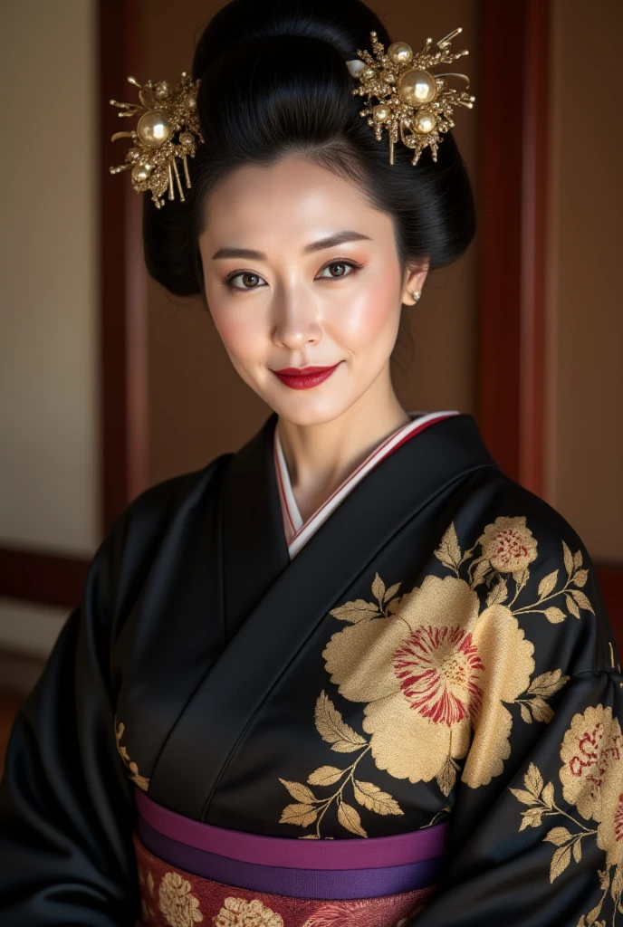 Mature Japanese woman, 50 years old, wearing Edo-style courtesan kimono ...