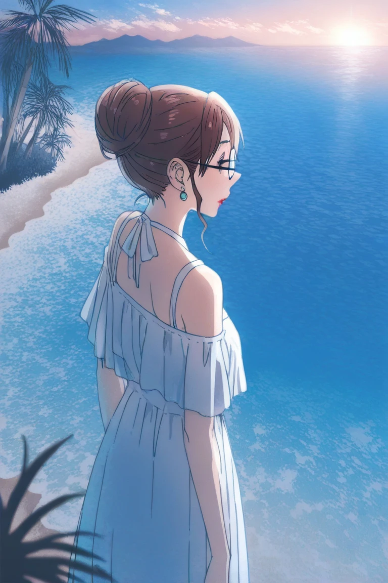 A serene beach scene in anime style, minimalistic and refreshing ...