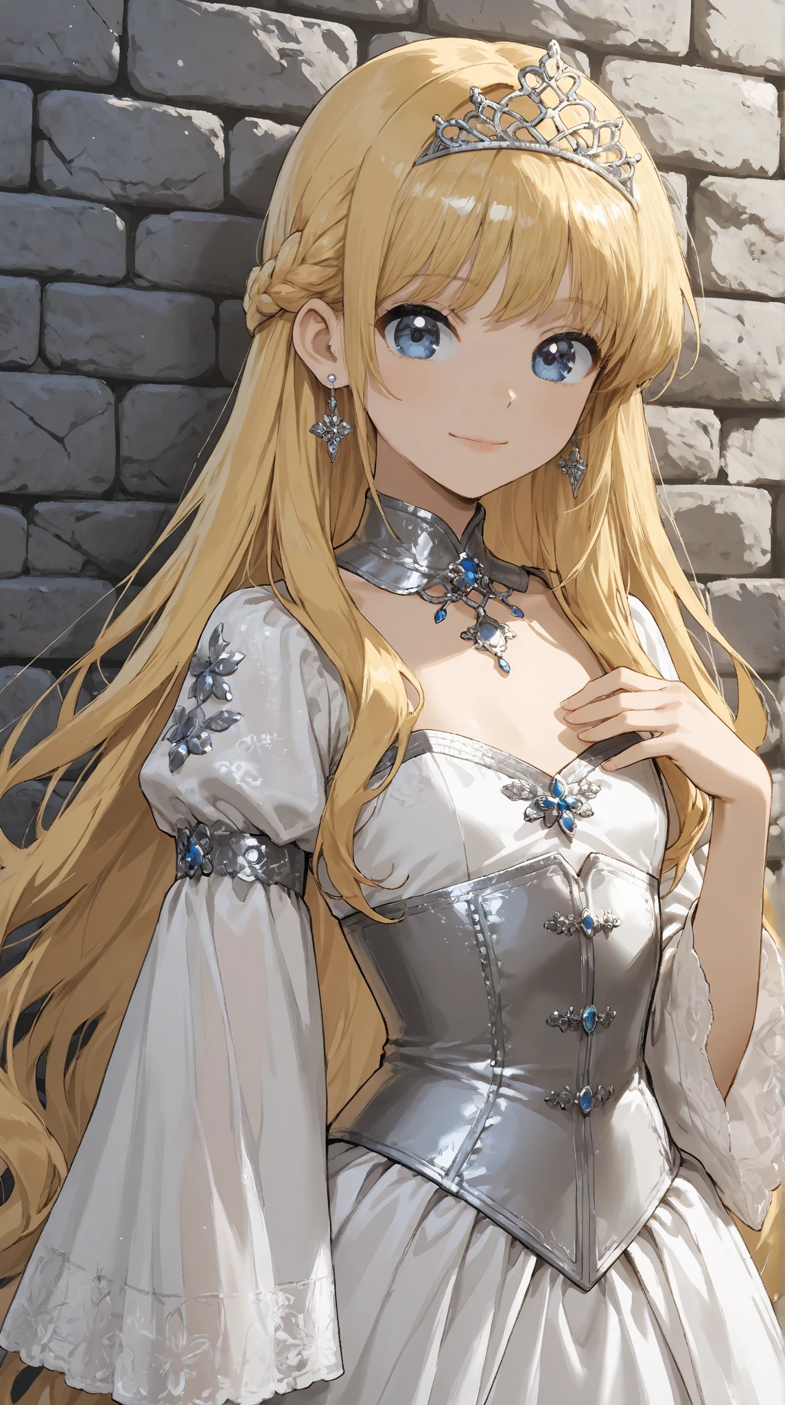 1girl, solo, graceful, silver leaf tiara, gentle smile, sapphire eyes ...